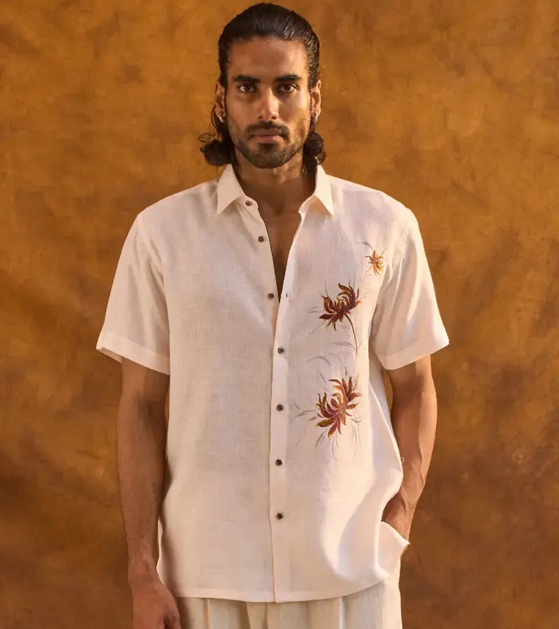 Buy Light Peach Cream Shirt with Hand-Painted Brown Floral | Albino ...